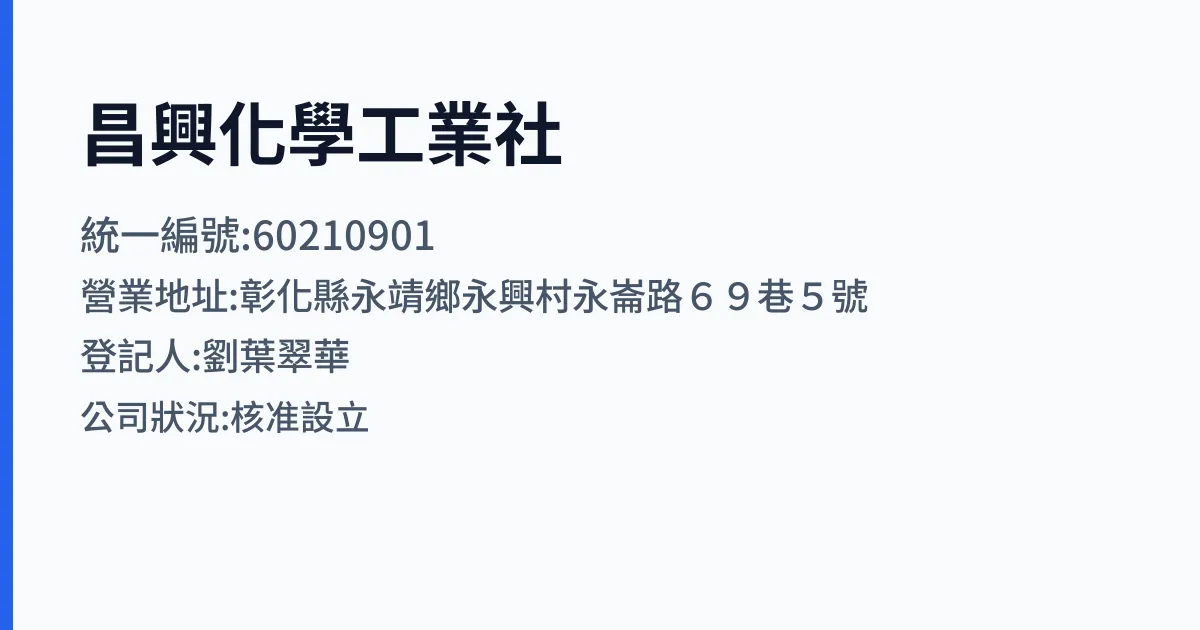 昌興化學工業社 - 統編 60210901（彰化縣） 公司登記資料與營業項目詳細圖表