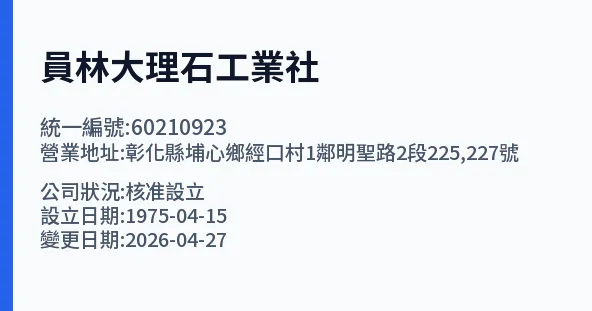 員林大理石工業社的照片-統編 60210923(彰化縣) 公司登記資料與營業項目詳細圖表