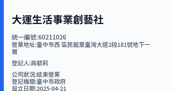 大運生活事業創藝社的照片-統編 60211026(臺中市) 公司登記資料與營業項目詳細圖表