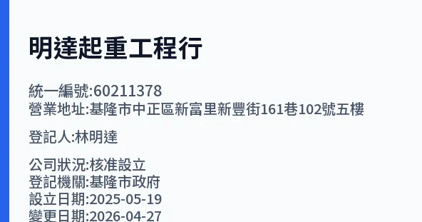 明達起重工程行的照片-統編 60211378(基隆市) 公司登記資料與營業項目詳細圖表
