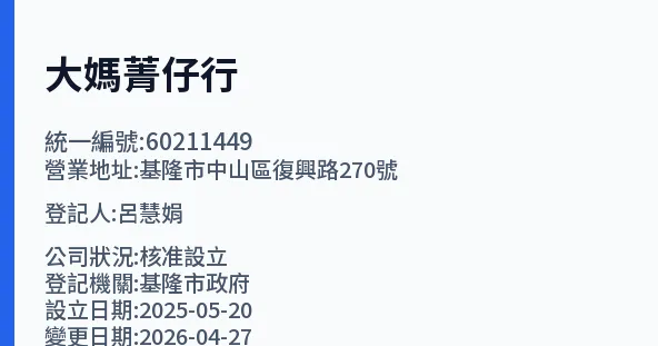 大媽菁仔行的照片-統編 60211449(基隆市) 公司登記資料與營業項目詳細圖表