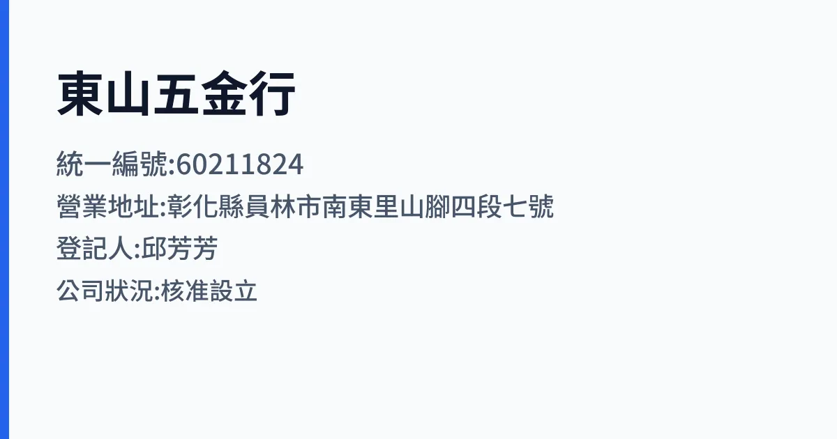 東山五金行 - 統編 60211824(彰化縣) 公司登記資料與營業項目詳細圖表