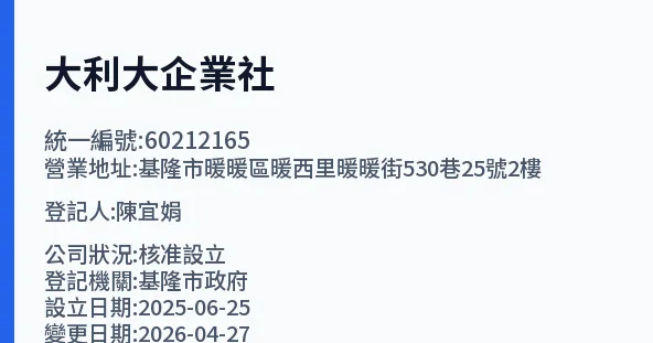 大利大企業社的照片-統編 60212165(基隆市) 公司登記資料與營業項目詳細圖表