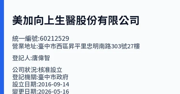 美加向上生醫股份有限公司的照片-統編 60212529(臺中市) 公司登記資料與營業項目詳細圖表