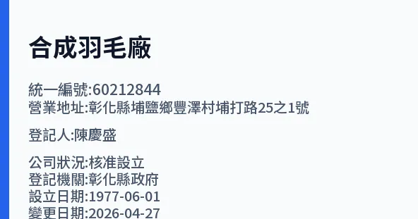 合成羽毛廠的照片-統編 60212844(彰化縣) 公司登記資料與營業項目詳細圖表
