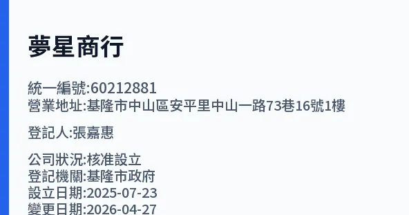 夢星商行的照片-統編 60212881(基隆市) 公司登記資料與營業項目詳細圖表