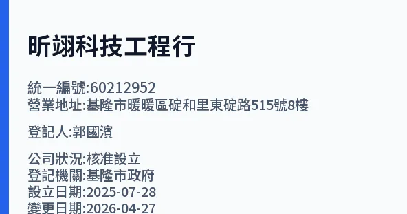 昕翊科技工程行的照片-統編 60212952(基隆市) 公司登記資料與營業項目詳細圖表
