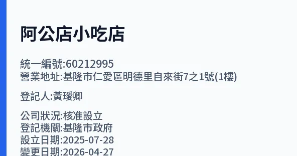 阿公店小吃店的照片-統編 60212995(基隆市) 公司登記資料與營業項目詳細圖表