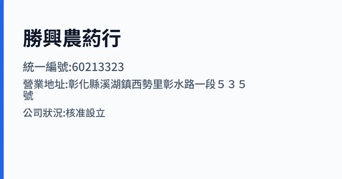 勝興農葯行 - 統編 60213323(彰化縣) 公司登記資料與營業項目詳細圖表