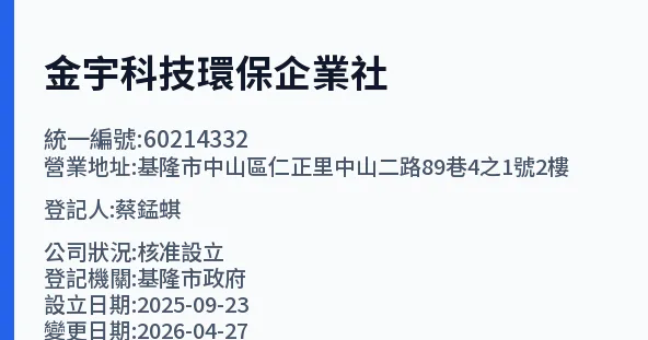 金宇科技環保企業社的照片-統編 60214332(基隆市) 公司登記資料與營業項目詳細圖表