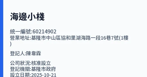 海邊小棧的照片-統編 60214902(基隆市) 公司登記資料與營業項目詳細圖表