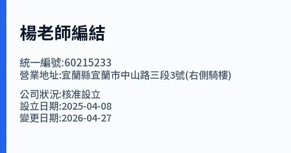 楊老師編結的照片-統編 60215233(宜蘭縣) 公司登記資料與營業項目詳細圖表