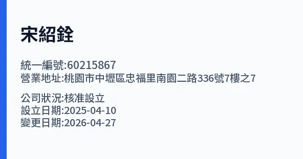 宋紹銓的照片-統編 60215867(桃園市) 公司登記資料與營業項目詳細圖表