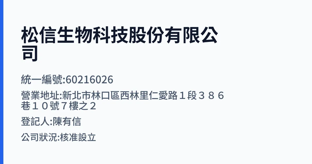 松信生物科技股份有限公司 - 統編 60216026(新北市) 公司登記資料與營業項目詳細圖表
