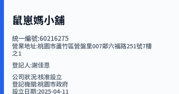 鼠崽媽小舖的照片-統編 60216275(桃園市) 公司登記資料與營業項目詳細圖表