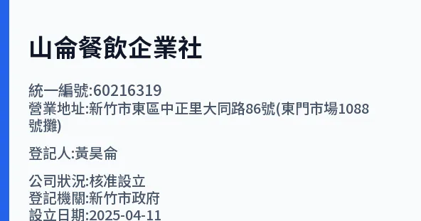 山侖餐飲企業社的照片-統編 60216319(新竹市) 公司登記資料與營業項目詳細圖表