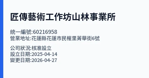 匠傳藝術工作坊山林事業所的照片-統編 60216958(花蓮縣) 公司登記資料與營業項目詳細圖表