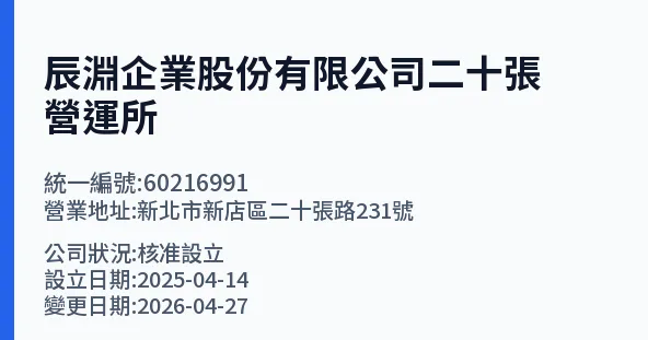 辰淵企業股份有限公司二十張營運所的照片-統編 60216991(新北市) 公司登記資料與營業項目詳細圖表