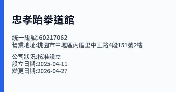 忠孝跆拳道館的照片-統編 60217062(桃園市) 公司登記資料與營業項目詳細圖表