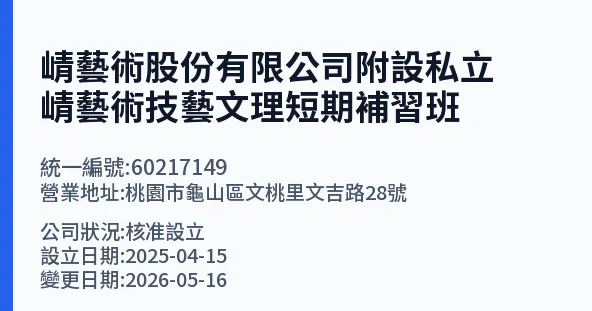 崝藝術股份有限公司附設私立崝藝術技藝文理短期補習班的照片-統編 60217149(桃園市) 公司登記資料與營業項目詳細圖表