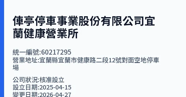 俥亭停車事業股份有限公司宜蘭健康營業所的照片-統編 60217295(宜蘭縣) 公司登記資料與營業項目詳細圖表
