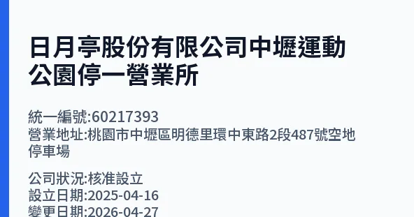 日月亭股份有限公司中壢運動公園停一營業所的照片-統編 60217393(桃園市) 公司登記資料與營業項目詳細圖表