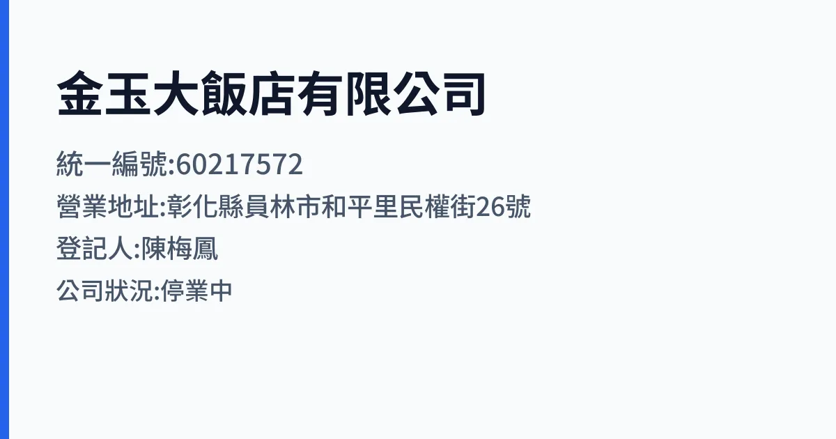 金玉大飯店有限公司 - 統編 60217572(彰化縣) 公司登記資料與營業項目詳細圖表