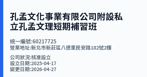 孔孟文化事業有限公司附設私立孔孟文理短期補習班的照片-統編 60217725(新北市) 公司登記資料與營業項目詳細圖表