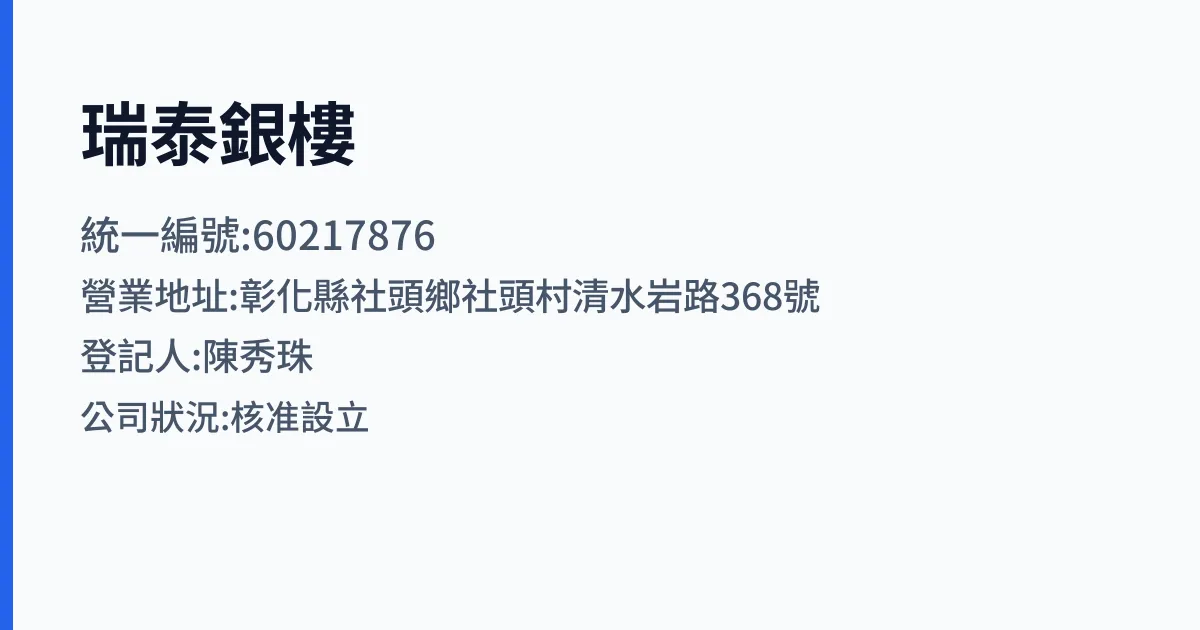 瑞泰銀樓 - 統編 60217876(彰化縣) 公司登記資料與營業項目詳細圖表