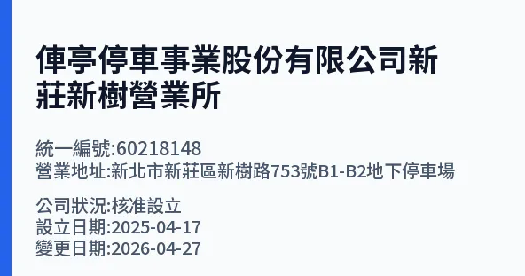 俥亭停車事業股份有限公司新莊新樹營業所的照片-統編 60218148(新北市) 公司登記資料與營業項目詳細圖表