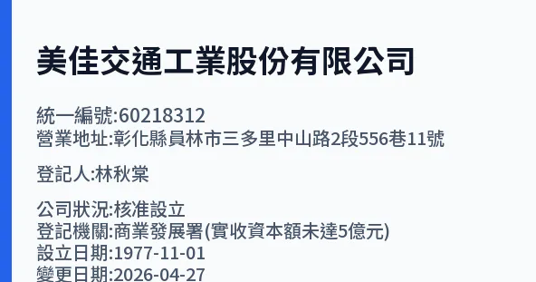 美佳交通工業股份有限公司的照片-統編 60218312(彰化縣) 公司登記資料與營業項目詳細圖表