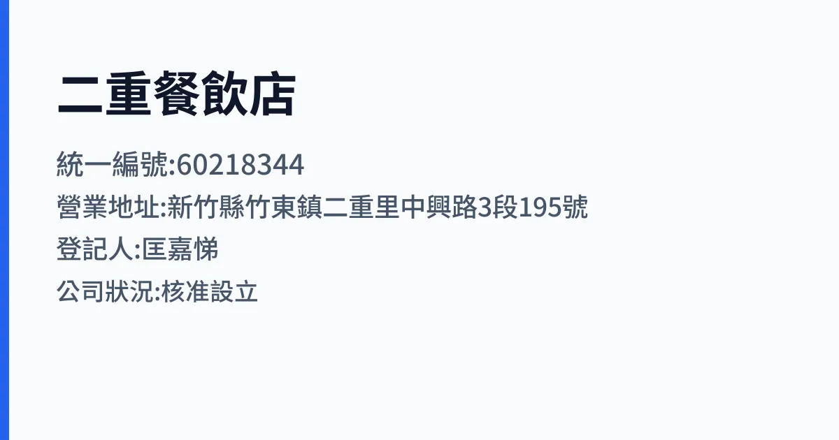 二重餐飲店 - 統編 60218344(新竹縣) 公司登記資料與營業項目詳細圖表