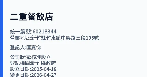 二重餐飲店的照片-統編 60218344(新竹縣) 公司登記資料與營業項目詳細圖表
