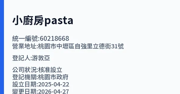 小廚房pasta的照片-統編 60218668(桃園市) 公司登記資料與營業項目詳細圖表