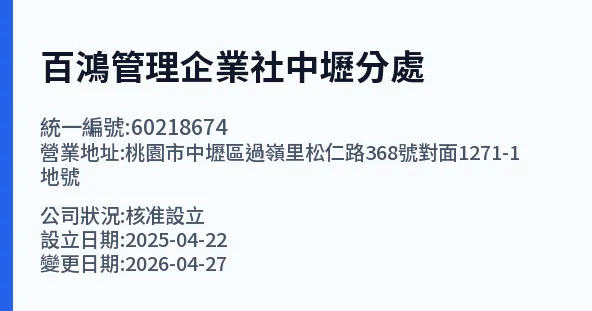 百鴻管理企業社中壢分處的照片-統編 60218674(桃園市) 公司登記資料與營業項目詳細圖表