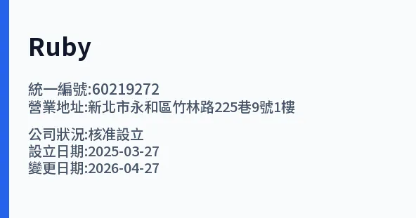 Ruby的照片-統編 60219272(新北市) 公司登記資料與營業項目詳細圖表