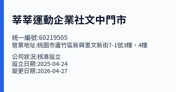 莘莘運動企業社文中門市的照片-統編 60219505(桃園市) 公司登記資料與營業項目詳細圖表