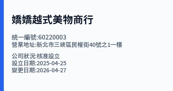 嬌嬌越式美物商行的照片-統編 60220003(新北市) 公司登記資料與營業項目詳細圖表