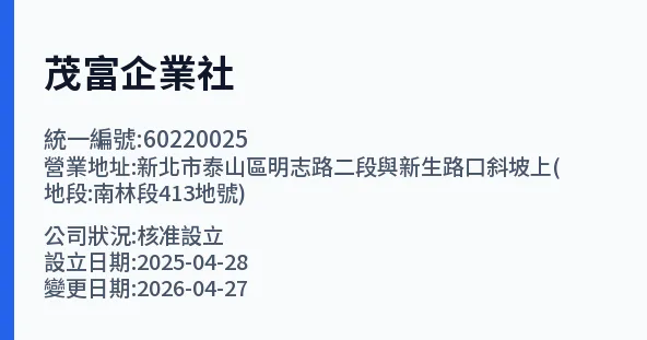 茂富企業社的照片-統編 60220025(新北市) 公司登記資料與營業項目詳細圖表