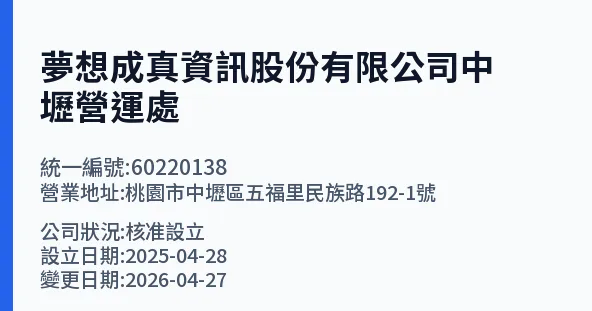夢想成真資訊股份有限公司中壢營運處的照片-統編 60220138(桃園市) 公司登記資料與營業項目詳細圖表