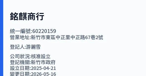 銘麒商行的照片-統編 60220159(新竹市) 公司登記資料與營業項目詳細圖表