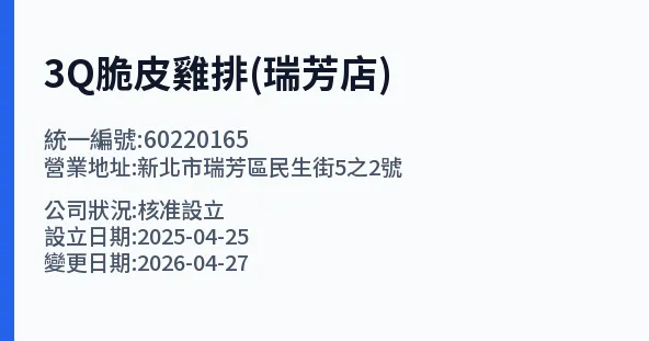 3Q脆皮雞排(瑞芳店)的照片-統編 60220165(新北市) 公司登記資料與營業項目詳細圖表