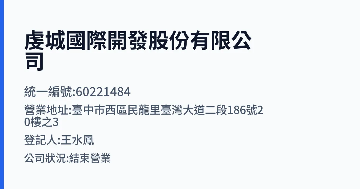 虔城國際開發股份有限公司 - 統編 60221484(臺中市) 公司登記資料與營業項目詳細圖表