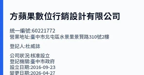 方蘋果數位行銷設計有限公司的照片-統編 60221772(臺中市) 公司登記資料與營業項目詳細圖表