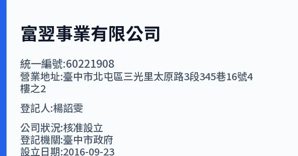 富翌事業有限公司的照片-統編 60221908(臺中市) 公司登記資料與營業項目詳細圖表