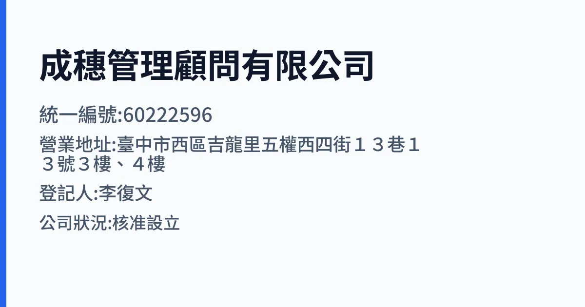 成穗管理顧問有限公司 - 統編 60222596(臺中市) 公司登記資料與營業項目詳細圖表