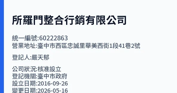 所羅門整合行銷有限公司的照片-統編 60222863(臺中市) 公司登記資料與營業項目詳細圖表