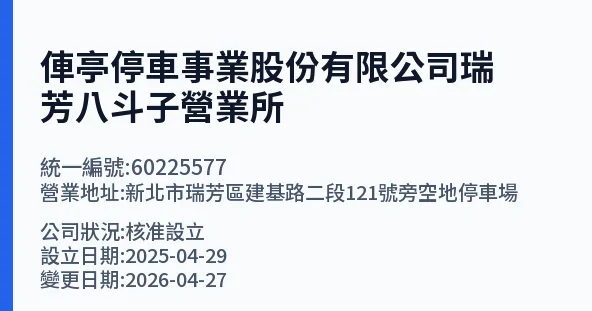 俥亭停車事業股份有限公司瑞芳八斗子營業所的照片-統編 60225577(新北市) 公司登記資料與營業項目詳細圖表