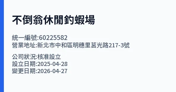 不倒翁休閒釣蝦場的照片-統編 60225582(新北市) 公司登記資料與營業項目詳細圖表