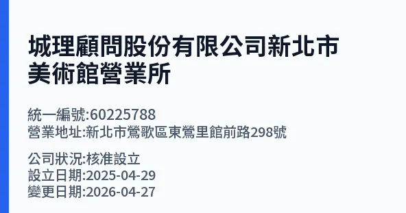 城理顧問股份有限公司新北市美術館營業所的照片-統編 60225788(新北市) 公司登記資料與營業項目詳細圖表